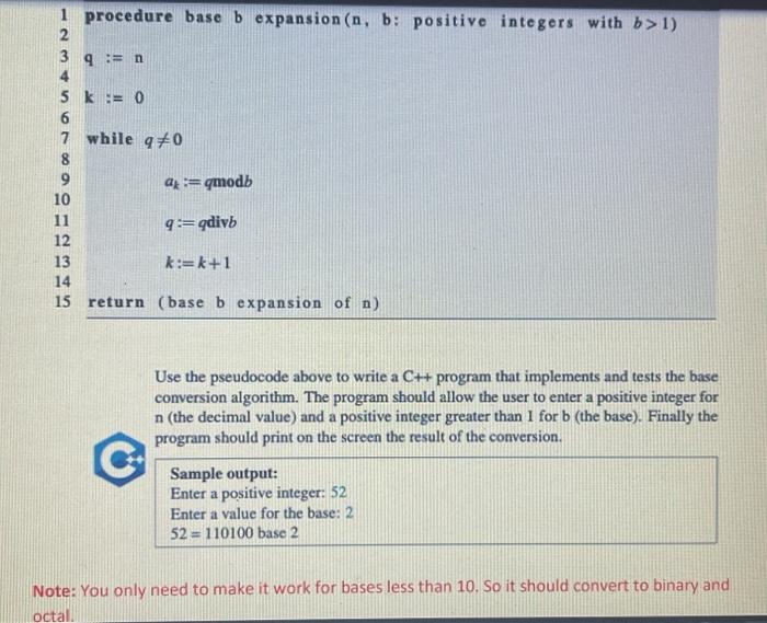 Solved 1 procedure base b expansion (n, b: positive integers | Chegg.com