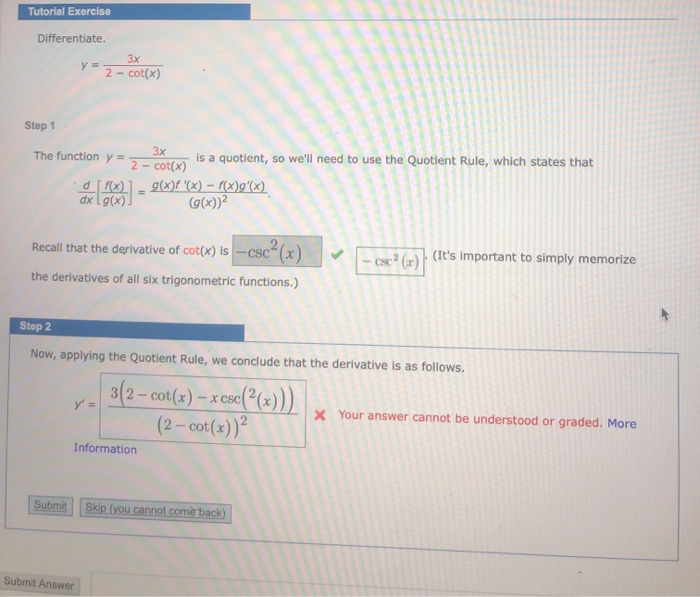 Solved Tutorial Exercise Differentiate. y = 2 - CorCx) Step | Chegg.com