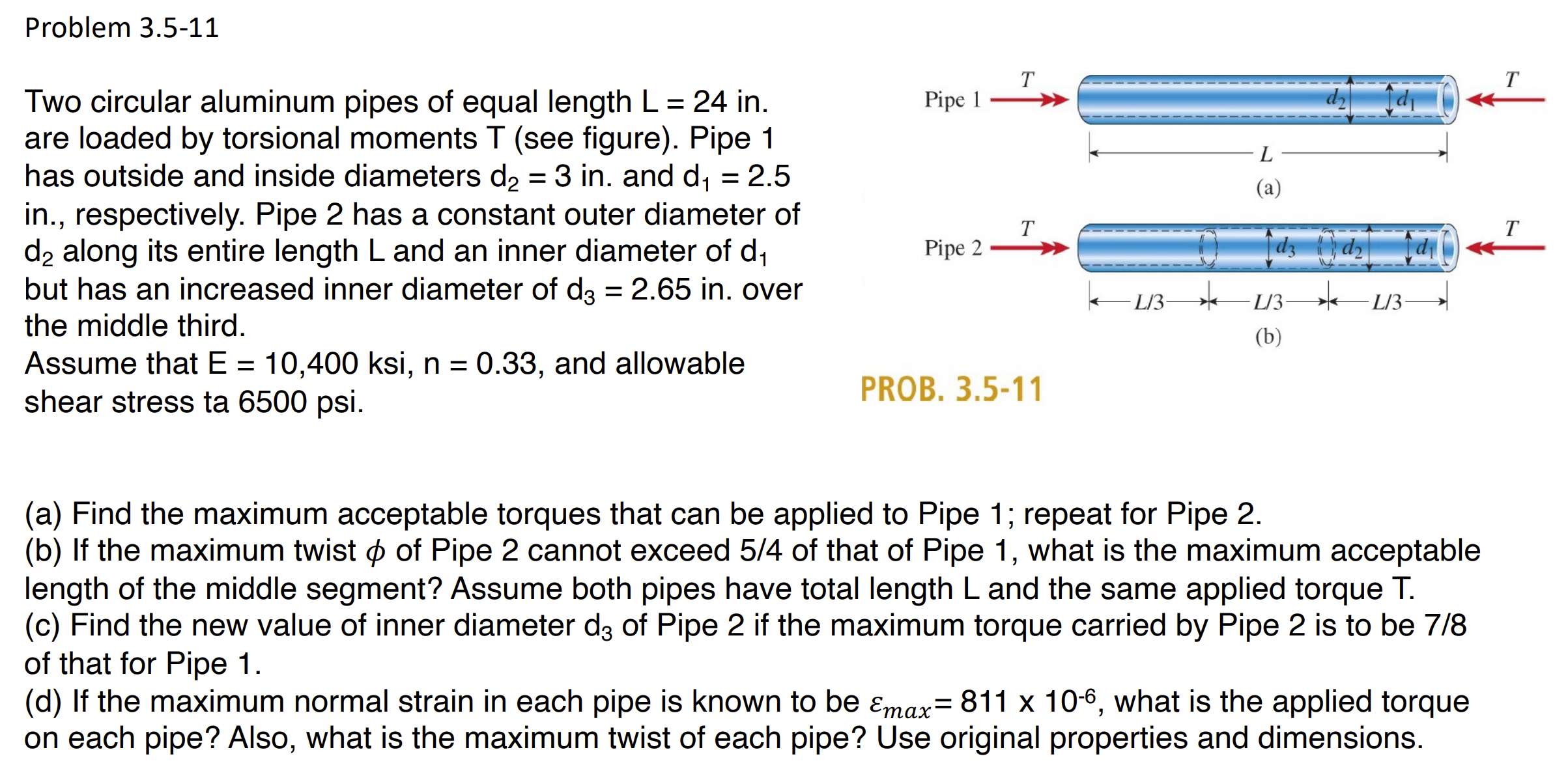 Solved Problem 3.5-11Two circular aluminum pipes of equal | Chegg.com