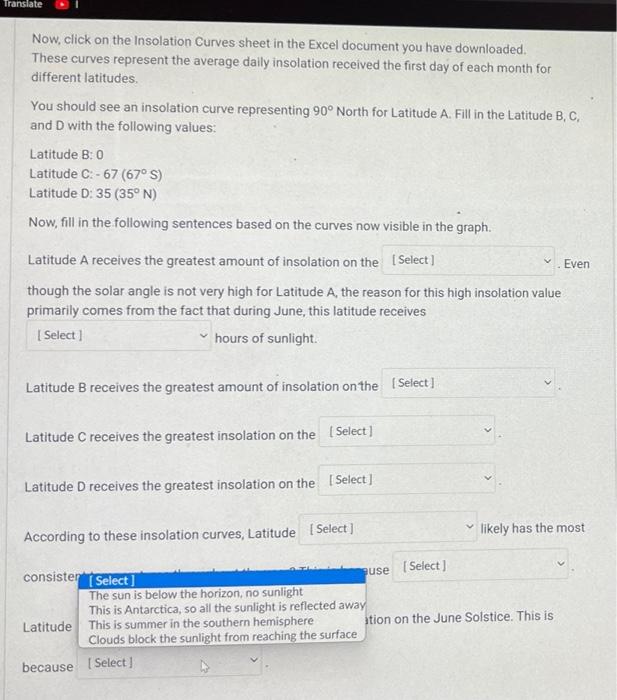 Solved Now, click on the Insolation Curves sheet in the | Chegg.com