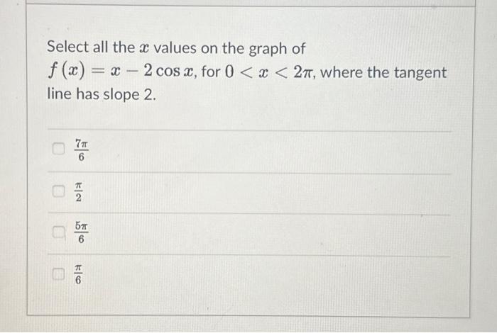 Solved Select all the x values on the graph of f(x)=x−2cosx, | Chegg.com