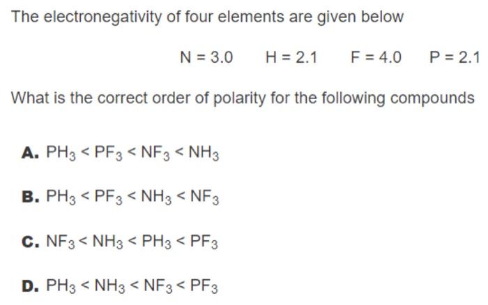 Solved The electronegativity of four elements are given | Chegg.com