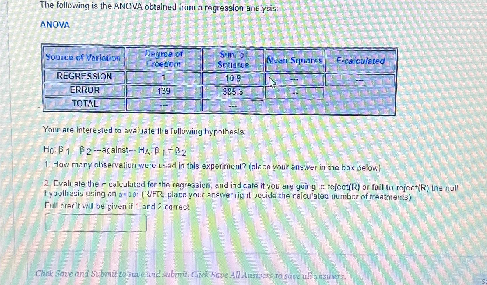 Solved The following is the ANOVA obtained from a regression | Chegg.com