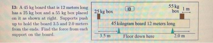 Solved 55 kg 13: A 45 kg board that is 12 meters long 13 1 m | Chegg.com