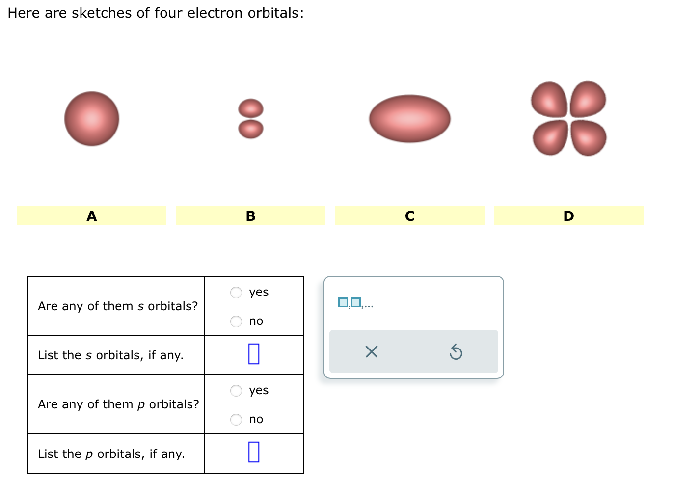 Solved Here are sketches of four electron orbitals:ABC | Chegg.com