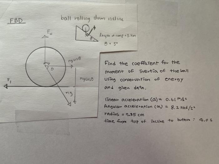 Solved FBD ball rolling down in cline FN length of ramp - | Chegg.com