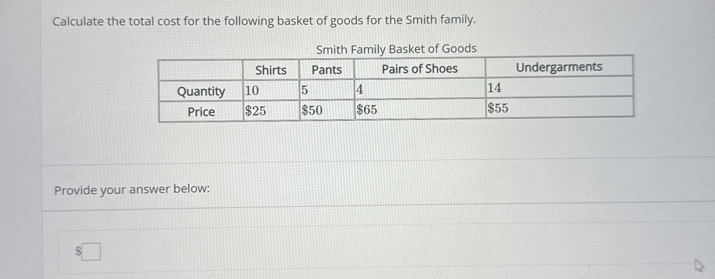 Solved Calculate the total cost for the following basket of | Chegg.com