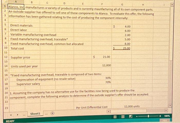 Solved Preparing a Make or Buy Analysis using Excel's SUM, | Chegg.com