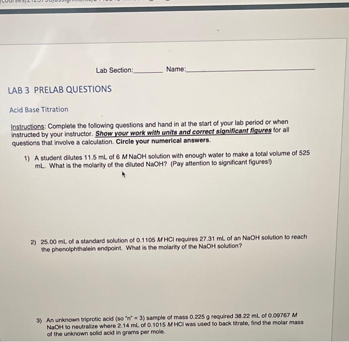 Solved Lab Section: Name: LAB 3 PRELAB QUESTIONS Acid Base | Chegg.com