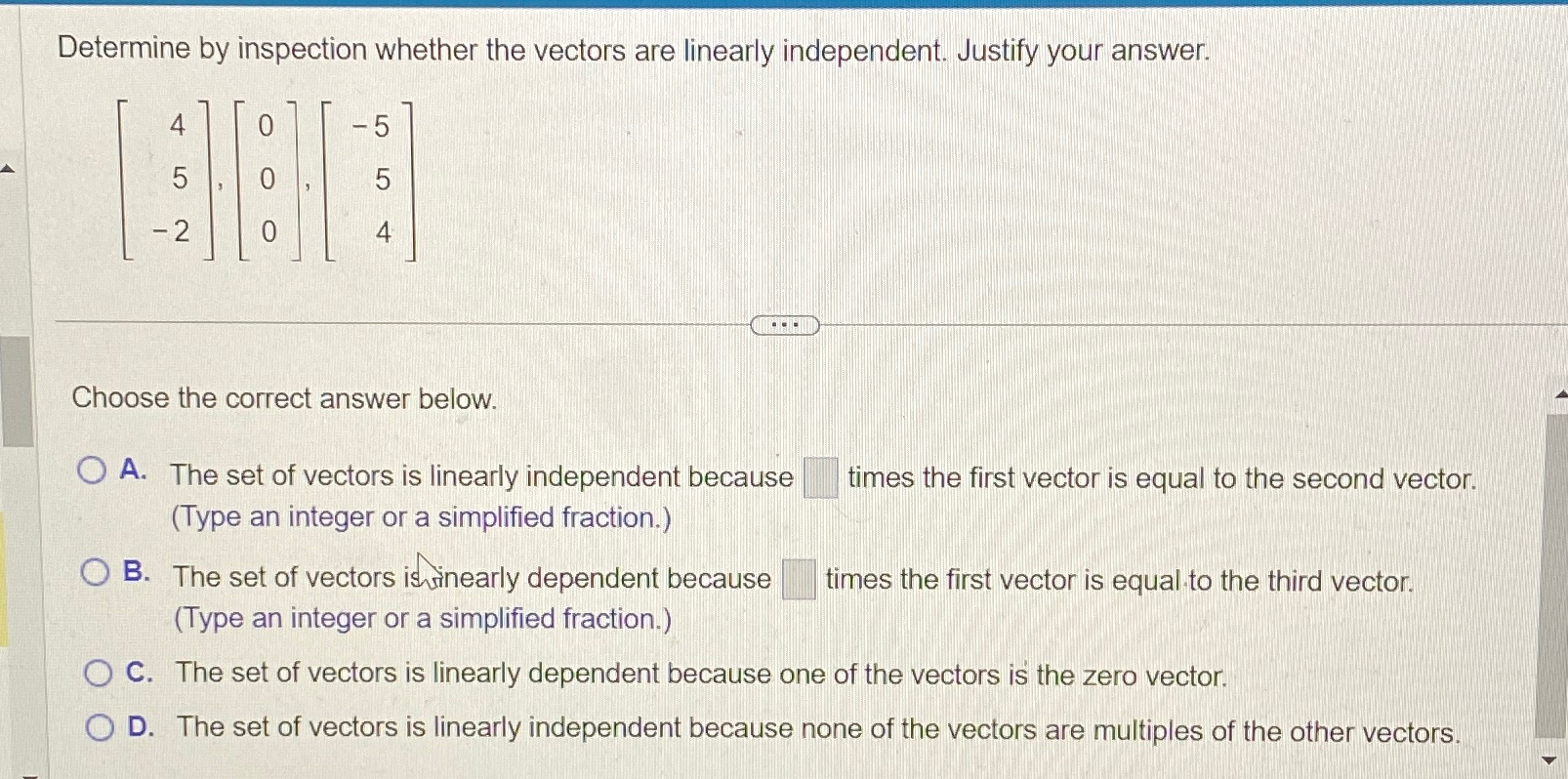Solved Determine by inspection whether the vectors are | Chegg.com