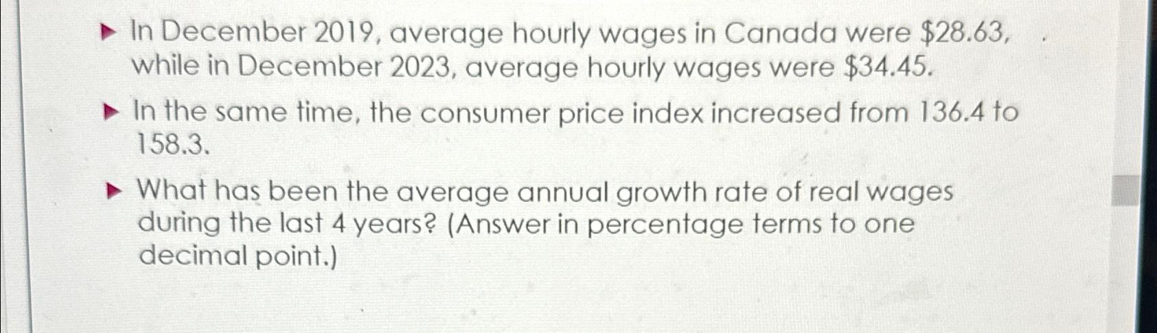 Solved In December 2019, ﻿average hourly wages in Canada | Chegg.com