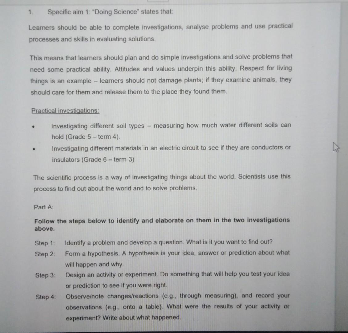 Solved 1. Specific aim 1: "Doing Science" states that | Chegg.com