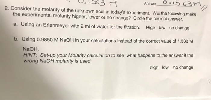 - U.1563 H Answer_ Uo15 63 2. Consider the molarity | Chegg.com