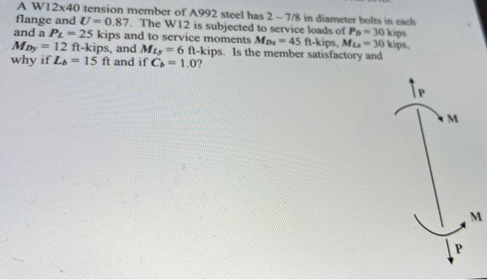 Solved A W12x40 tension member of A992 steel has 2 - 7/8 in | Chegg.com