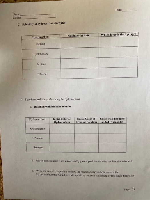 Solved Date: Name: Partner c. Solubility of hydrocarbons in | Chegg.com