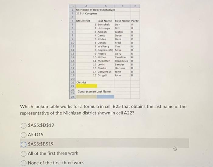 Solved Which lookup table works for a formula in cell B25 | Chegg.com