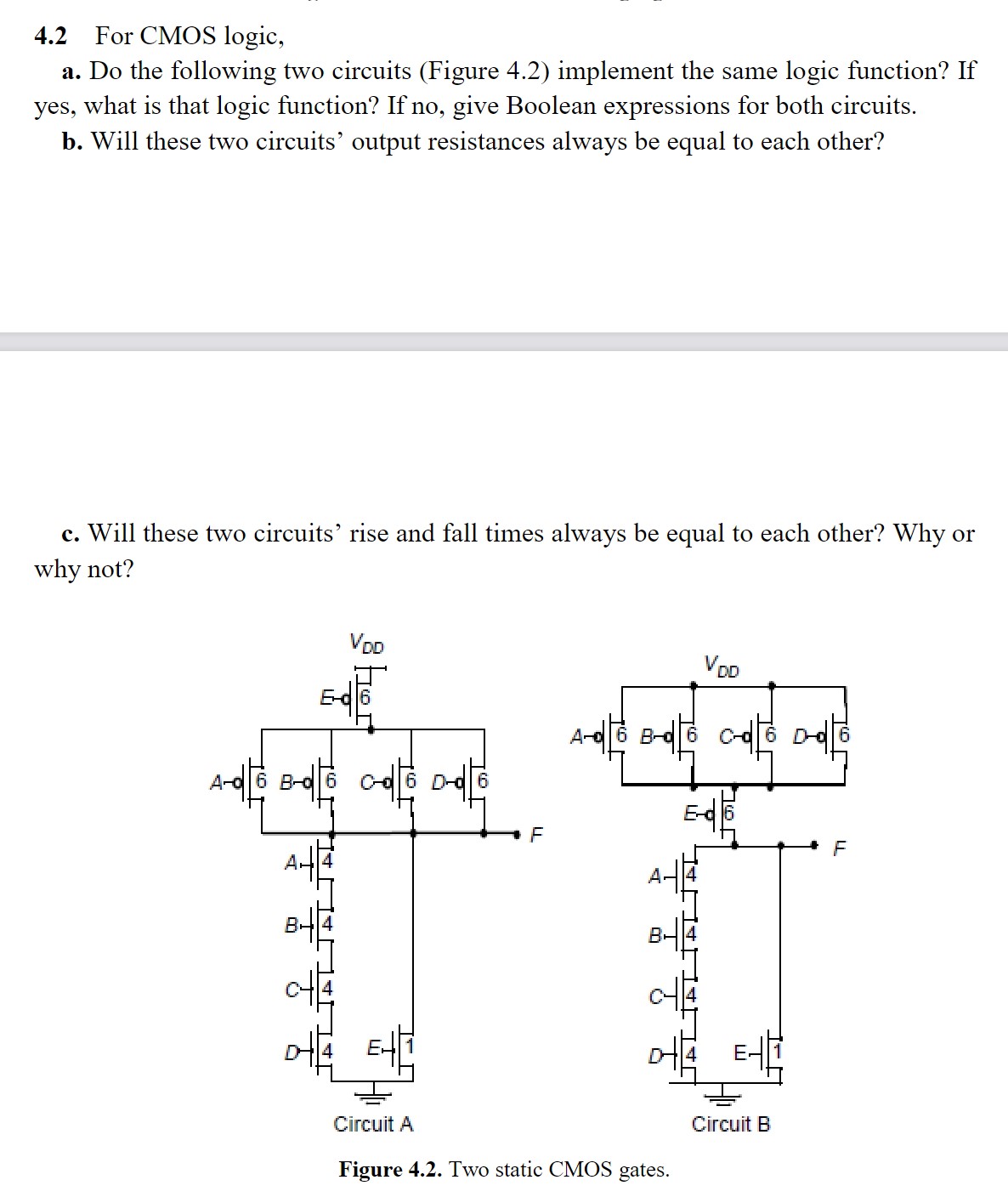 Solved 4.2 ﻿For CMOS logic,a. ﻿Do the following two circuits | Chegg.com