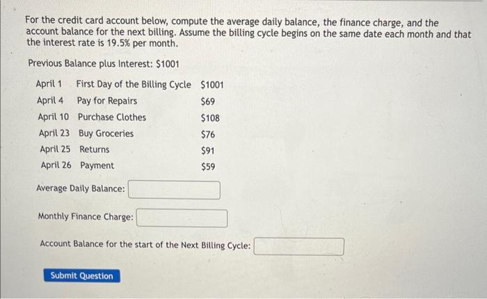 Solved For the credit card account below, compute the | Chegg.com