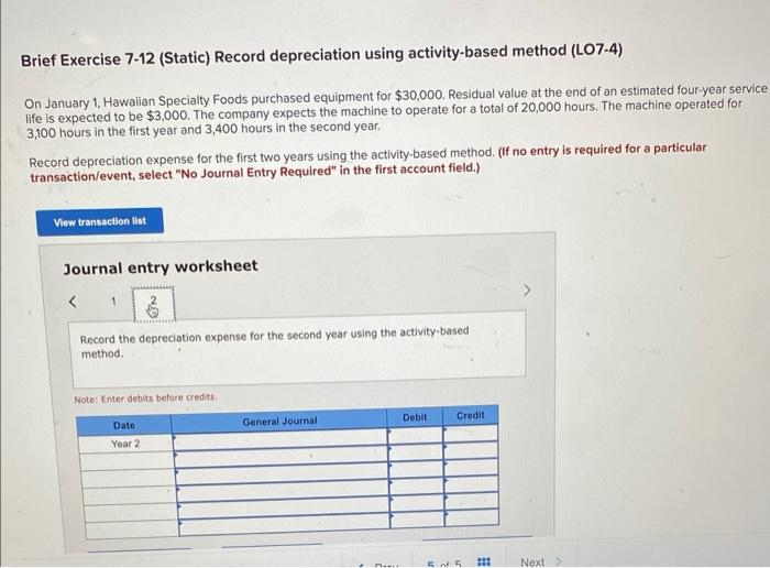 Solved Brief Exercise 7-12 (Static) Record depreciation | Chegg.com