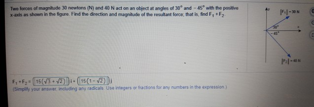 Solved Two forces of magnitude 30 newtons (N) and 40 N act | Chegg.com