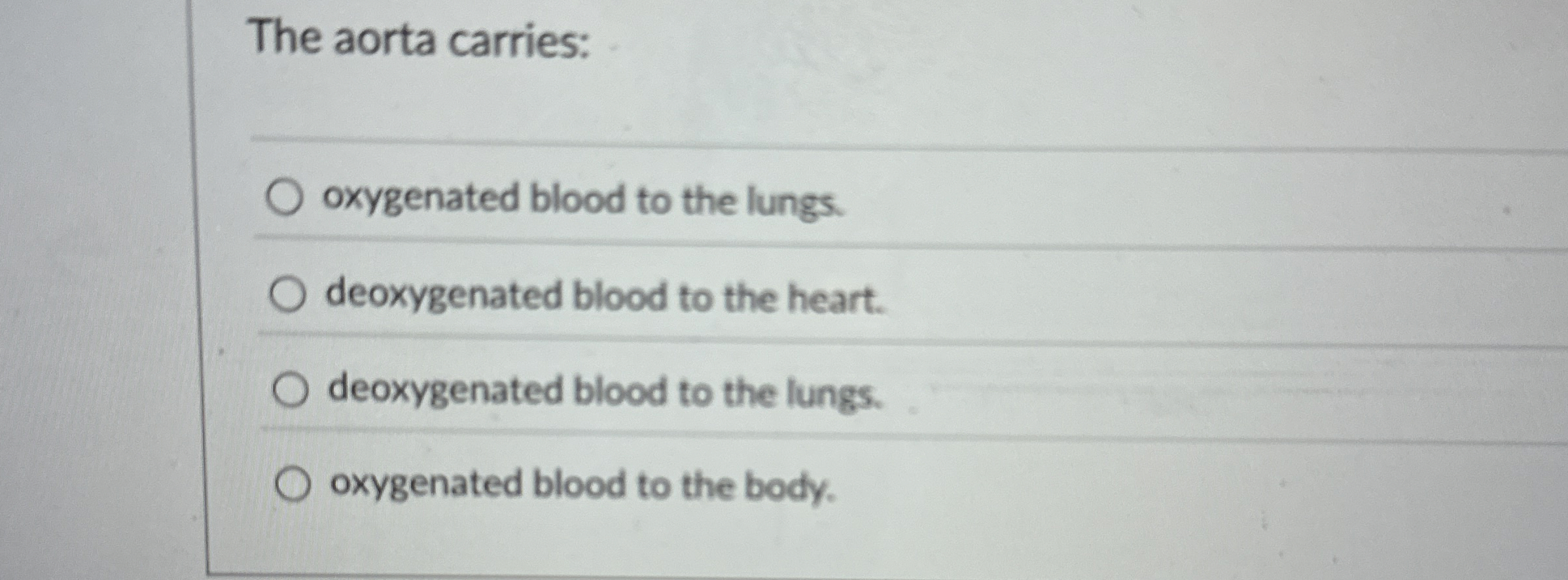 Solved The aorta carries:oxygenated blood to the | Chegg.com