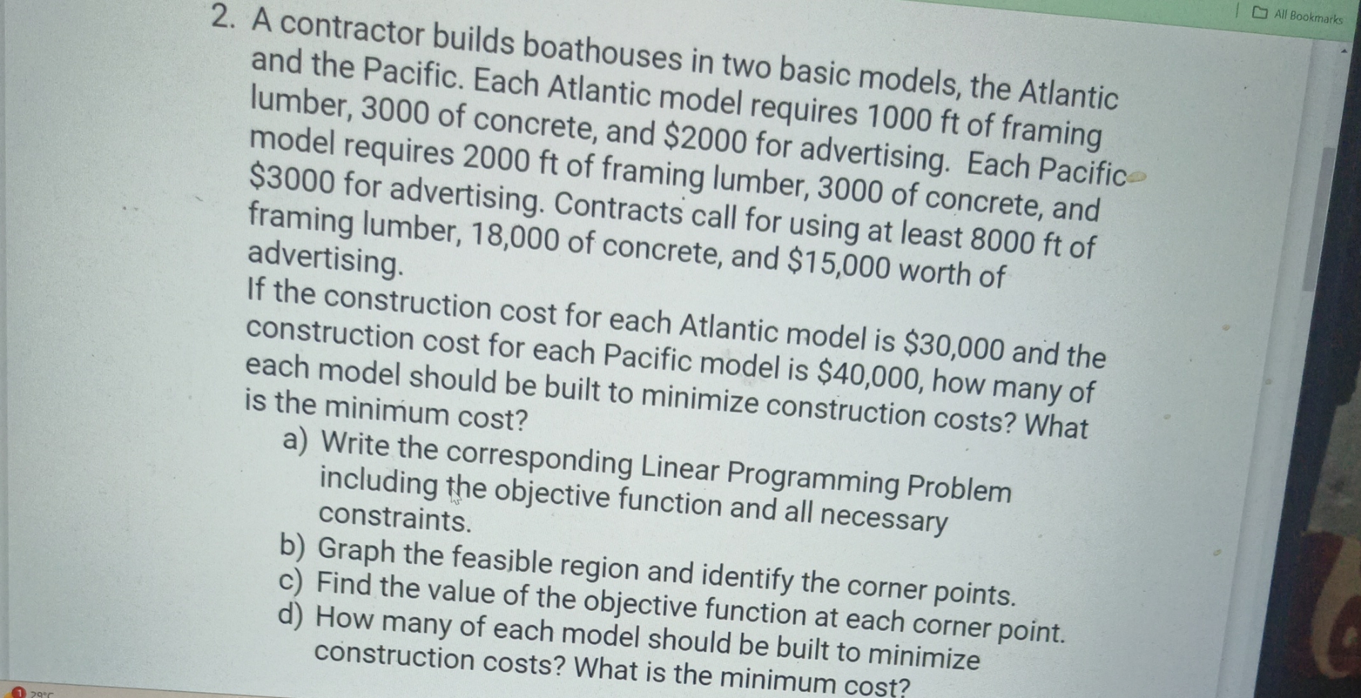 Solved A contractor builds boathouses in two basic models, | Chegg.com