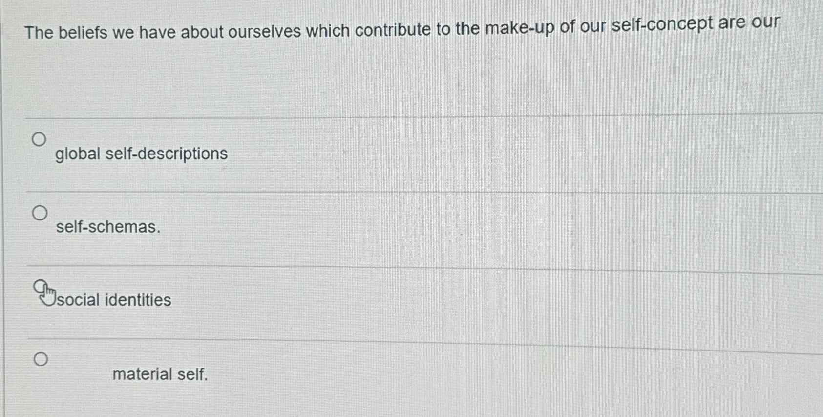 Solved The beliefs we have about ourselves which contribute | Chegg.com
