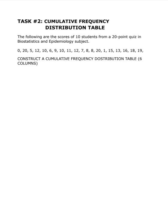 Solved TASK #2: CUMULATIVE FREQUENCY DISTRIBUTION TABLE The | Chegg.com