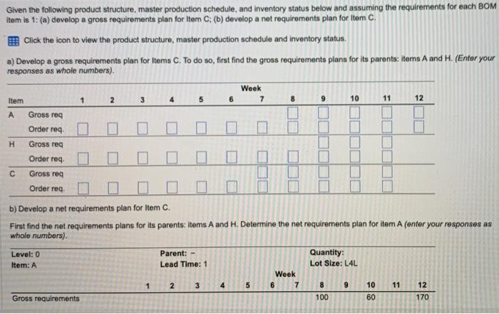 Solved Given the following product structure, master | Chegg.com