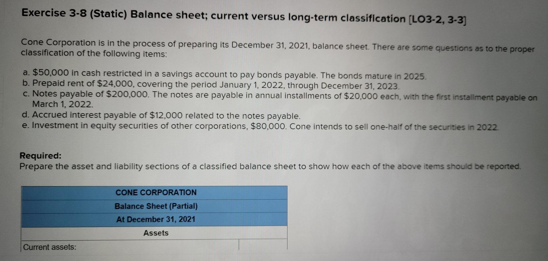 Solved Exercise 3-8 (Static) Balance sheet; current versus | Chegg.com