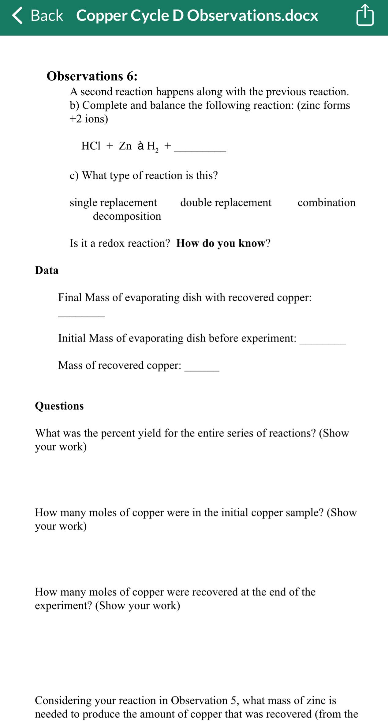 Solved Back Copper Cycle D Observations.docxObservations 6:A | Chegg.com