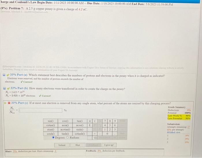 Solved (8\%) Problem 7: A 2.5 g copper penny is given a | Chegg.com
