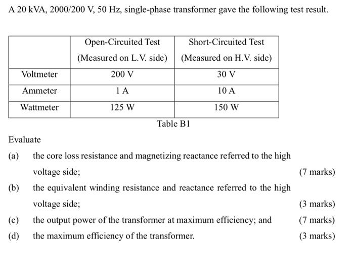 Solved A 20kVA,2000/200 V,50 Hz, single-phase transformer | Chegg.com