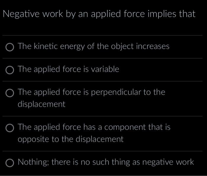 Solved Negative work by an applied force implies that The | Chegg.com