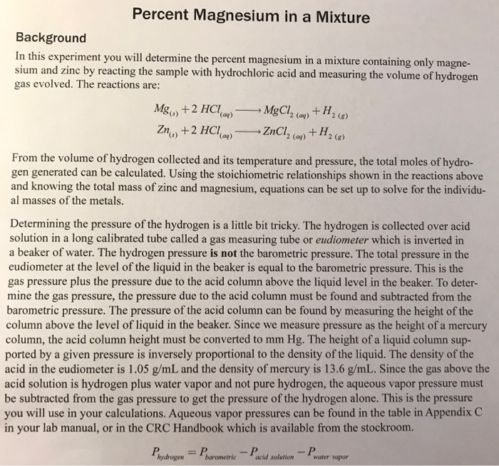 Percent Magnesium in a Mixture Background In this | Chegg.com