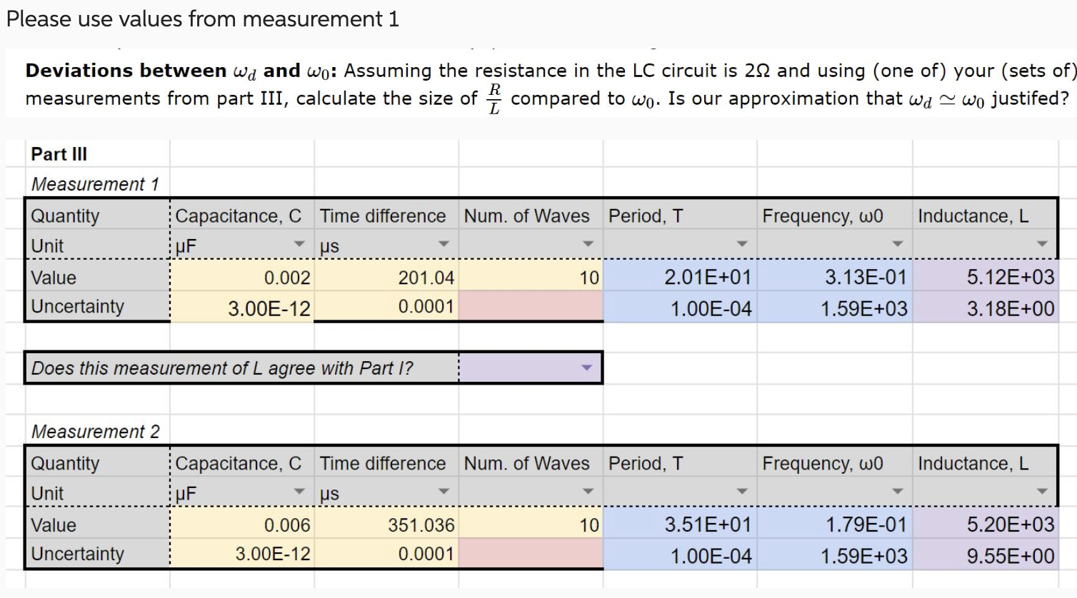 Solved Please use values from measurement 1When it asks for | Chegg.com