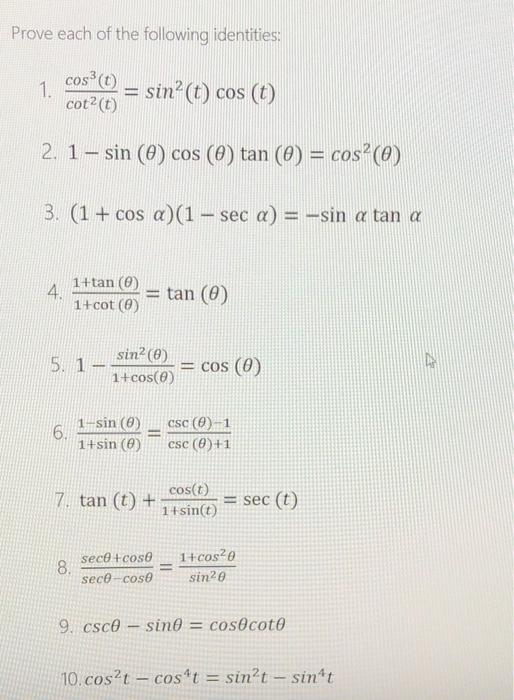 Solved Prove each of the following identities: 1. | Chegg.com