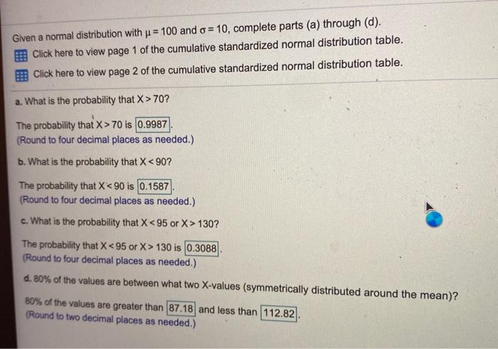 Solved Given a normal distribution with u = 100 and o = 10, | Chegg.com