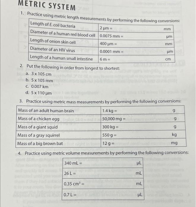 Solved mm um mm cm METRIC SYSTEM 1. Practice using metric | Chegg.com