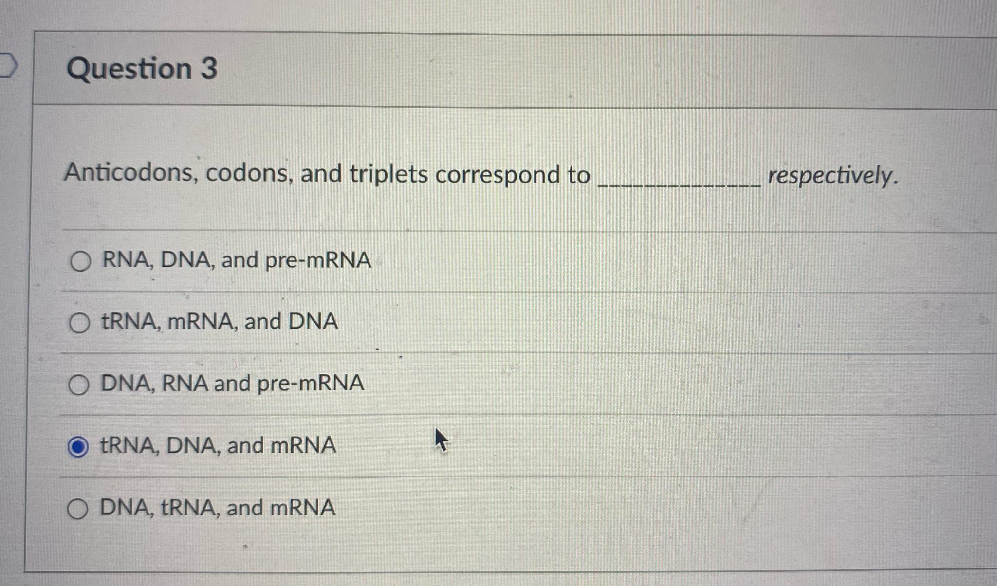 Solved Question 3Anticodons, codons, and triplets correspond | Chegg.com