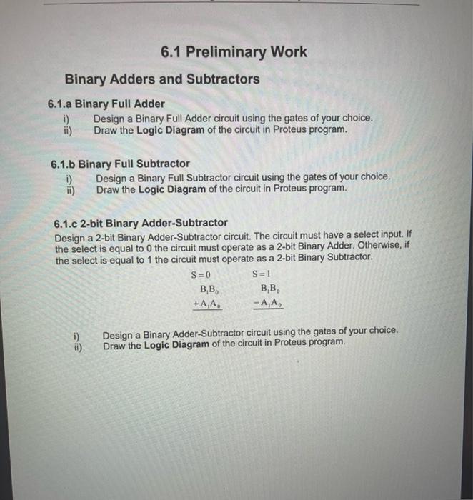 Solved 6.1 Preliminary Work Binary Adders and Subtractors | Chegg.com