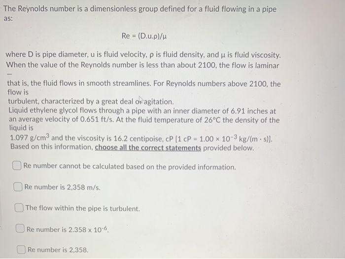 Solved The Reynolds number is a dimensionless group defined | Chegg.com
