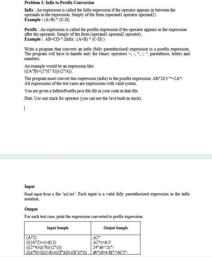 Problem 1: Infix to Postfix ConversionInfix : An | Chegg.com