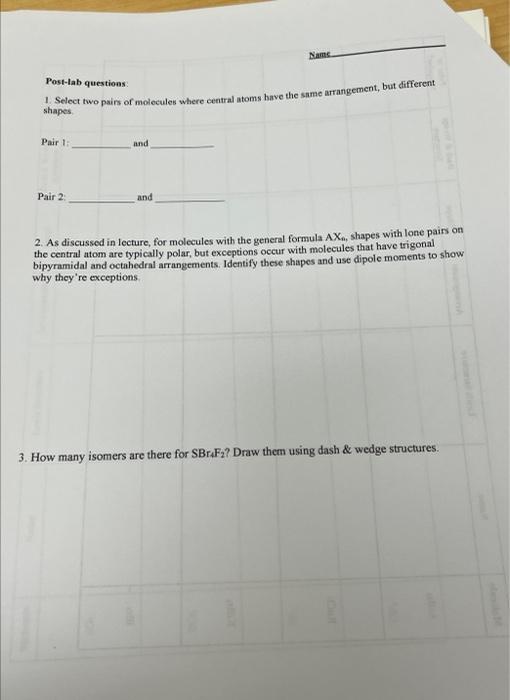 Solved Post-lab questions: 1. Select two pairs of molecules | Chegg.com