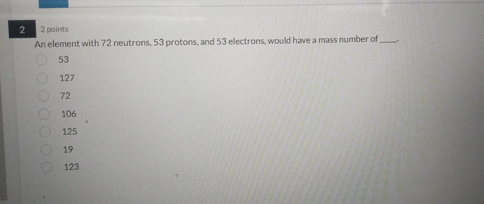Solved 2 points An element with 72 neutrons, 53 protons, and | Chegg.com