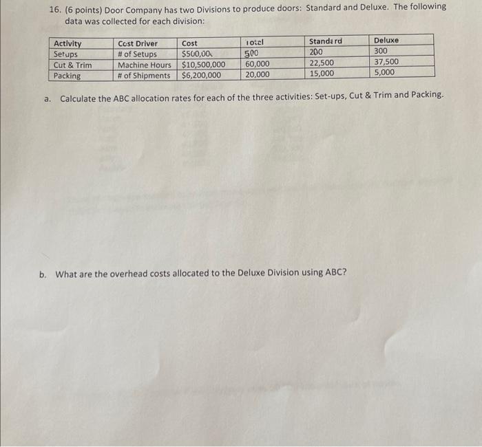 Solved 16. ( 6 points) Door Company has two Divisions to | Chegg.com