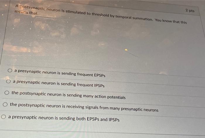 Solved A postsynaptic neuron is stimulated to threshold by | Chegg.com