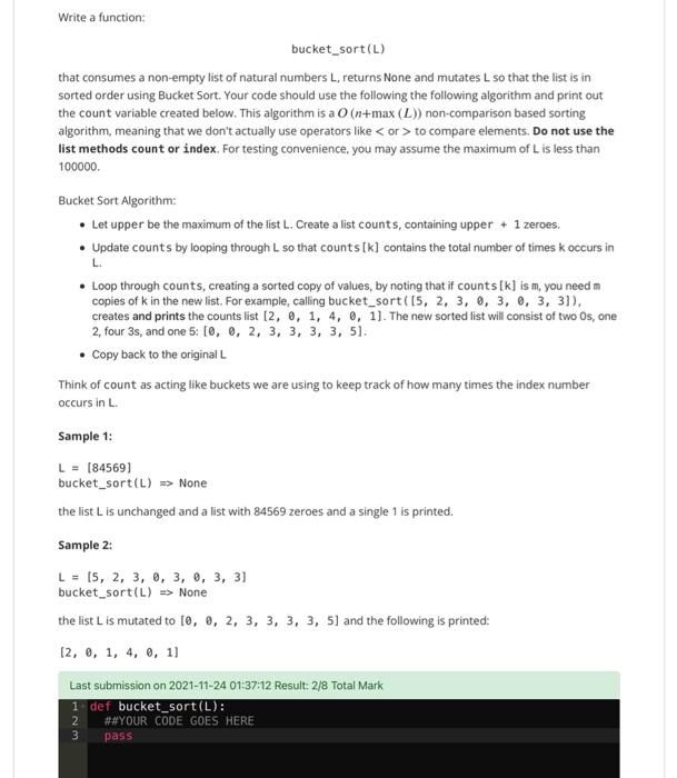 Solved Write A Function Bucket Sort L That Consumes A