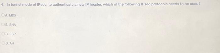 Solved 4. In tunnel mode of IPsec, to authenticate a new IP | Chegg.com
