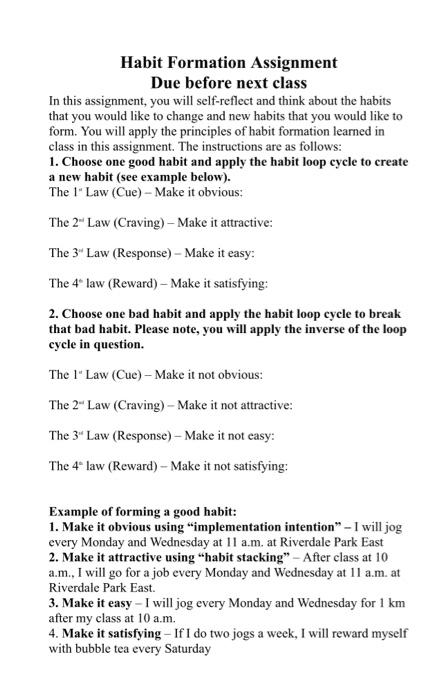 Solved Habit Formation Assignment Due before next class In | Chegg.com